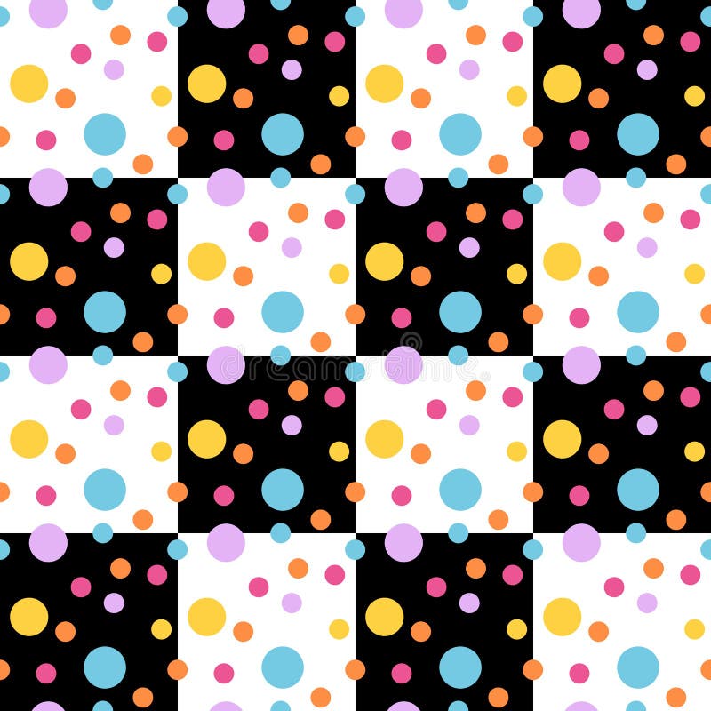 Seamless Pattern with Colorful Dots on Black and White Squares. Stock ...
