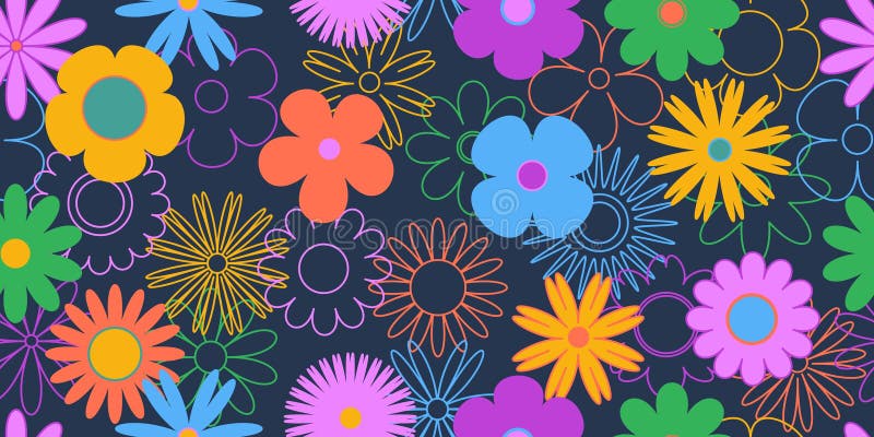 Seamless Pattern with Colorful Flowers. Cute Simple Geometric, Doodle ...