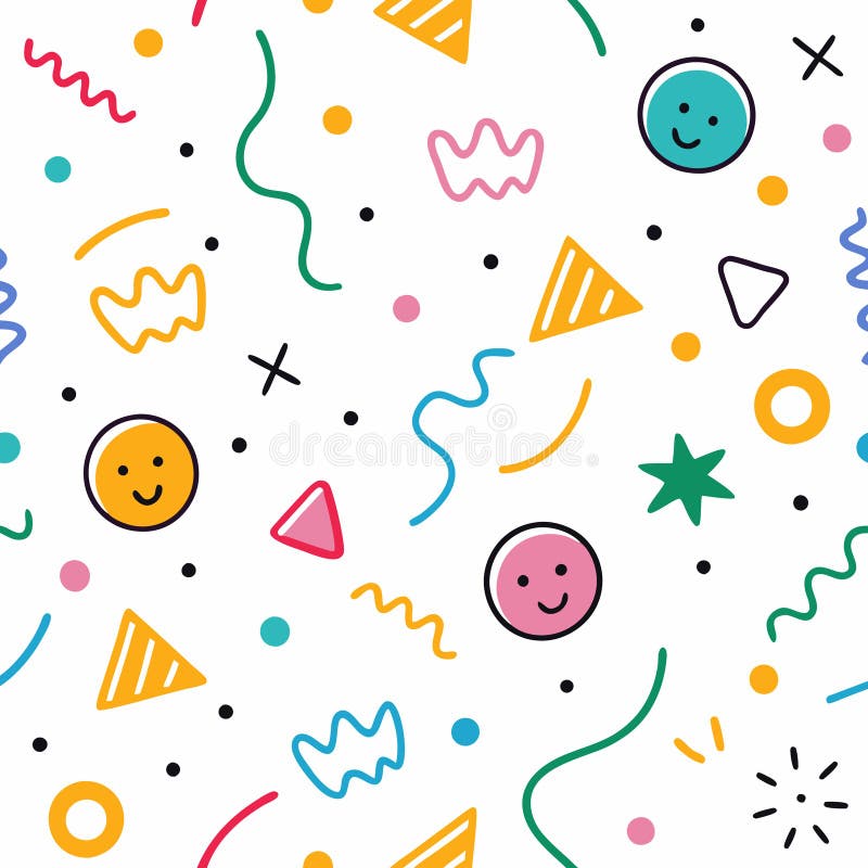 Seamless Pattern with Colorful Geometric Shapes, Smiley Faces and ...