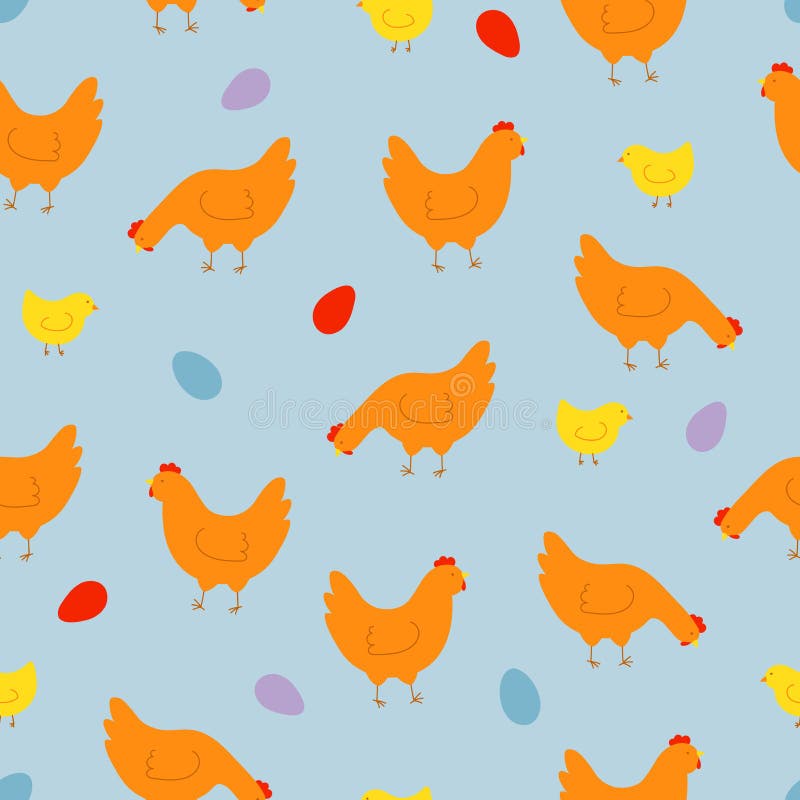 Seamless Pattern with Colorful Hens, Chickens and Eggs. Background for ...