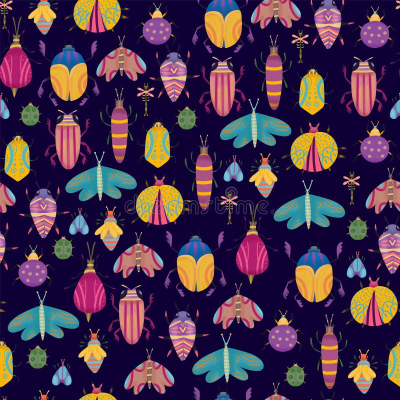 Seamless Pattern of Colorful Insects in Flat Style Stock Illustration ...