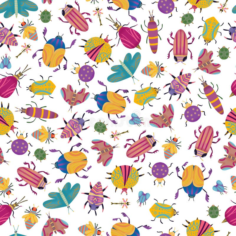 Seamless Pattern of Colorful Insects in Flat Style Stock Illustration ...