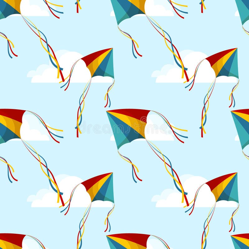 Seamless Pattern, Colorful Kites on the Sky with Clouds. Background ...
