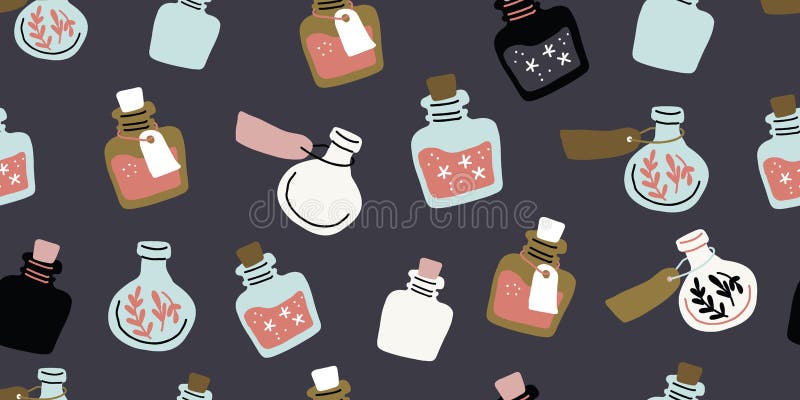 Seamless Pattern - Colorful Magic Potion Bottles Stock Vector - Illustration of bottle ...