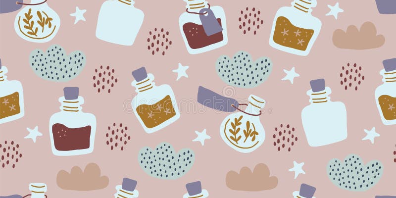 Seamless Pattern - Colorful Magic Potion Bottles Stock Vector - Illustration of elixir, drawn ...