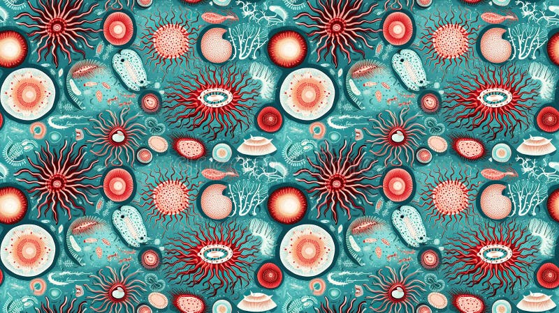 Seamless Pattern of Colorful Microscopic Organisms in Red and Teal Hues ...