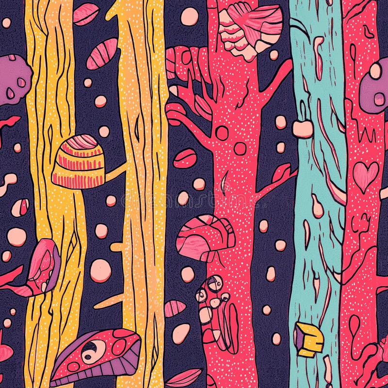 A Seamless Pattern of Colorful Psychedelic Tree Trunks at Night. Stock ...