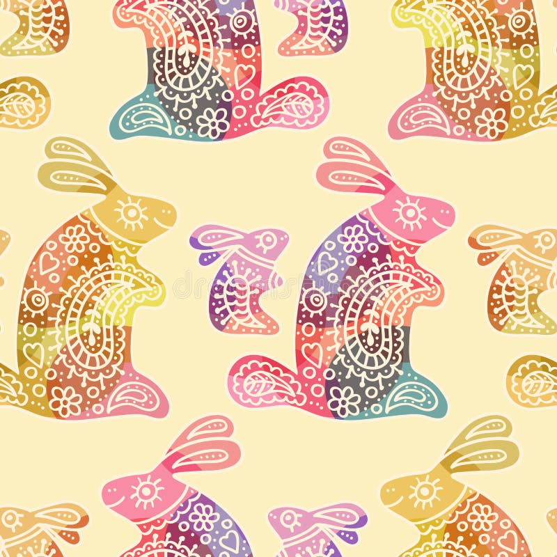 Seamless Pattern with Colorful Rabbits in Ethnic Style Stock Vector ...