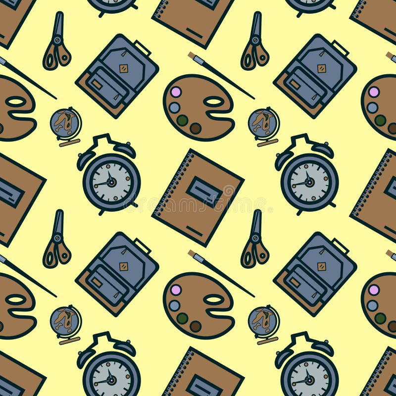 Seamless Pattern with Colorful School Icons on Yellow Flat Design ...