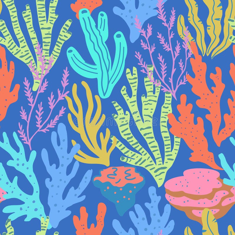 Seamless Pattern with Colorful Sea Elements, Corals, Seaweeds, Shells ...