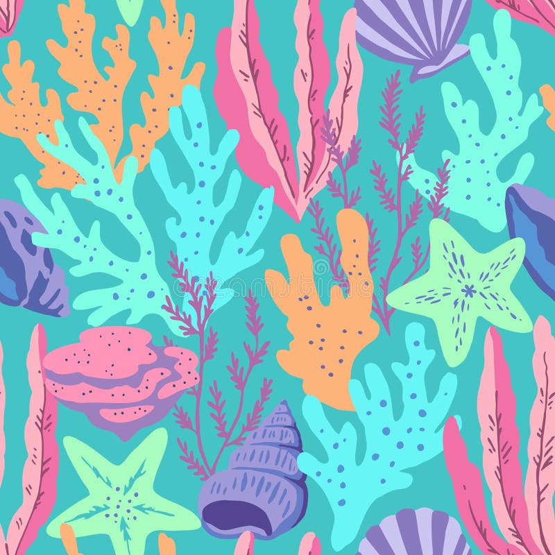 Seamless Pattern with Colorful Sea Elements, Corals, Seaweeds, Shells ...