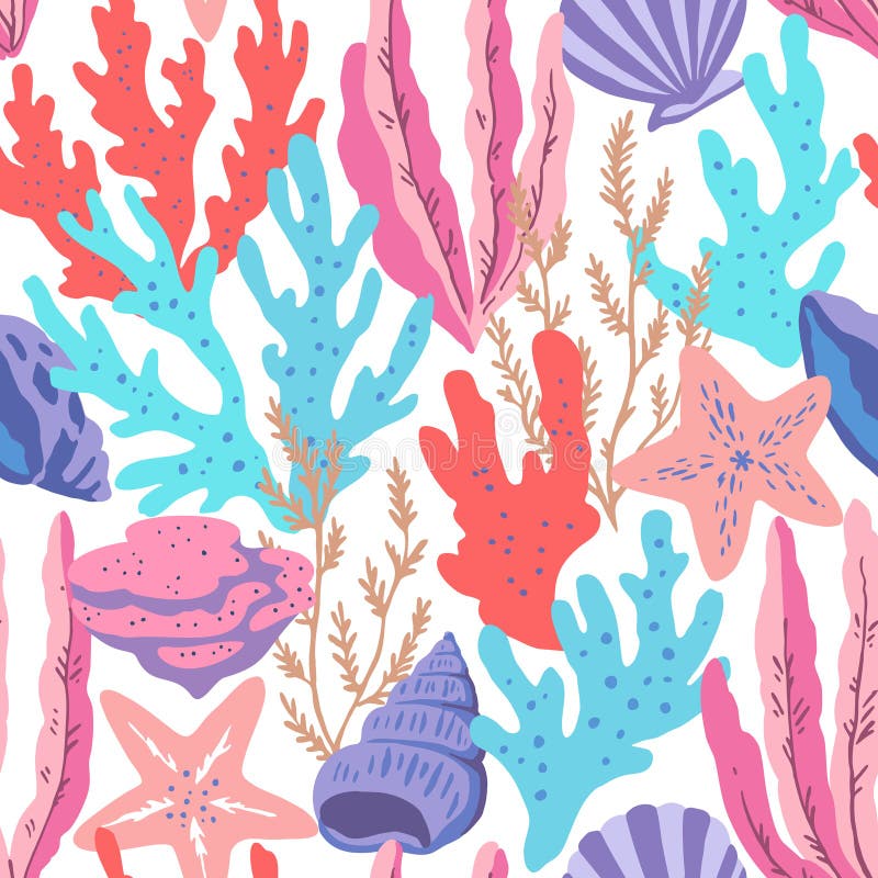Seamless Pattern with Colorful Sea Elements, Corals, Seaweeds, Shells ...