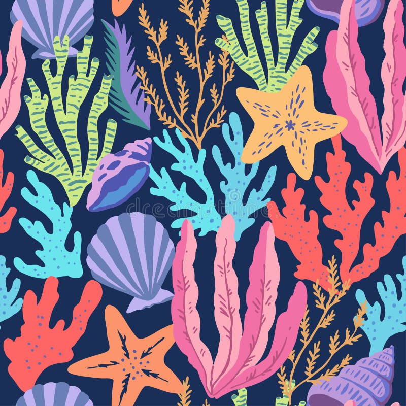Seamless Pattern with Colorful Sea Elements, Corals, Seaweeds, Shells ...