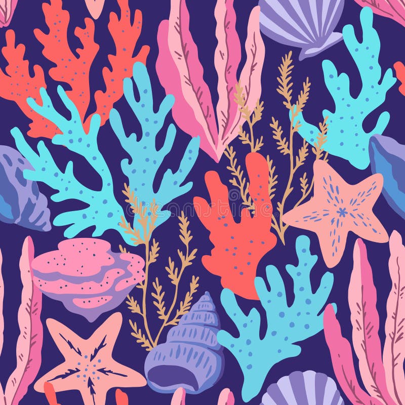Seamless Pattern with Colorful Sea Elements, Corals, Seaweeds, Shells ...