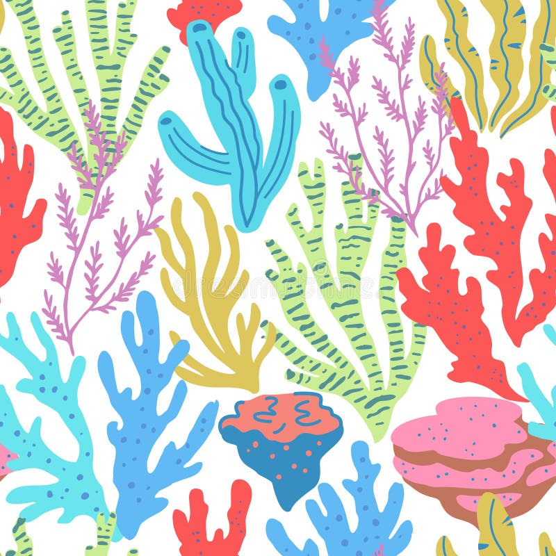 Seamless Pattern with Colorful Sea Elements, Corals, Seaweeds, Shells ...