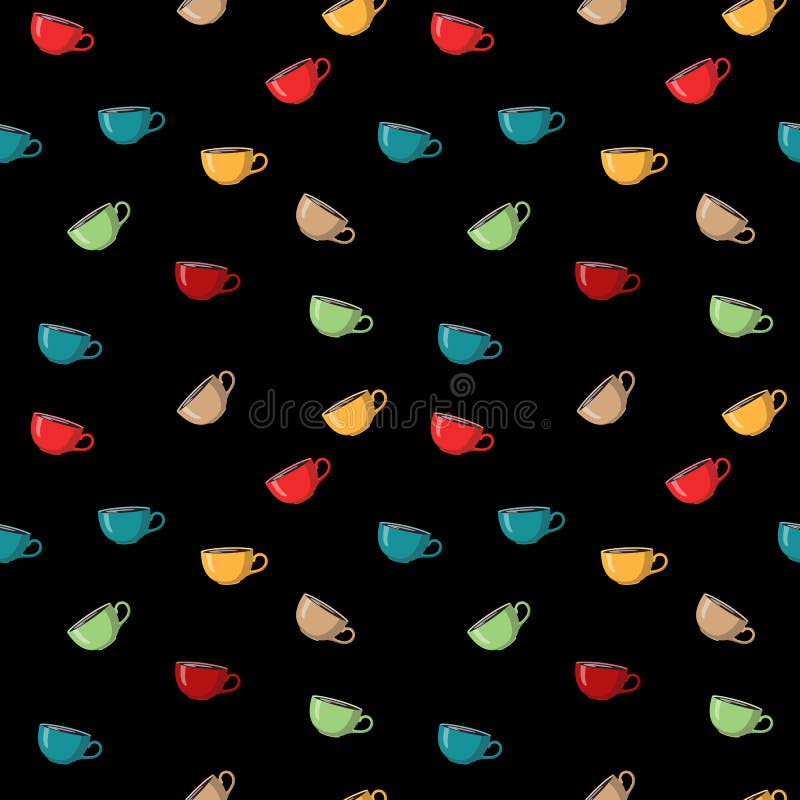 Seamless Pattern With Colorful Tea Or Coffee Cups On Black Background ...