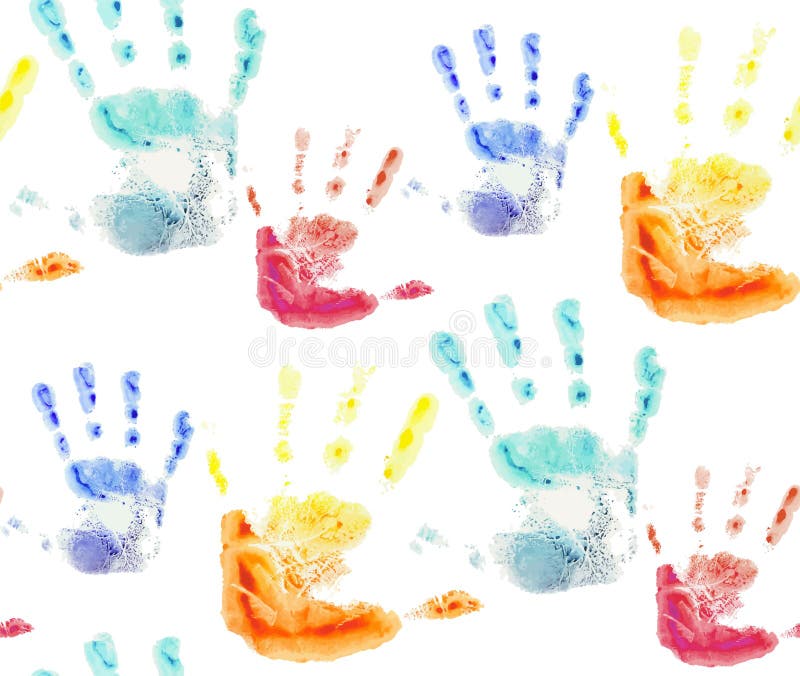 Seamless Pattern with Colorful Watercolor Prints of Children S Hands ...