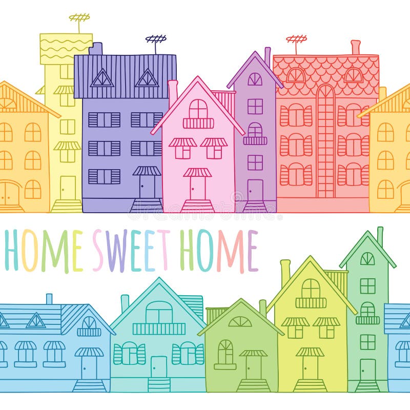 Seamless Pattern of Coloured Houses Drawn by Hand. Stock Vector ...