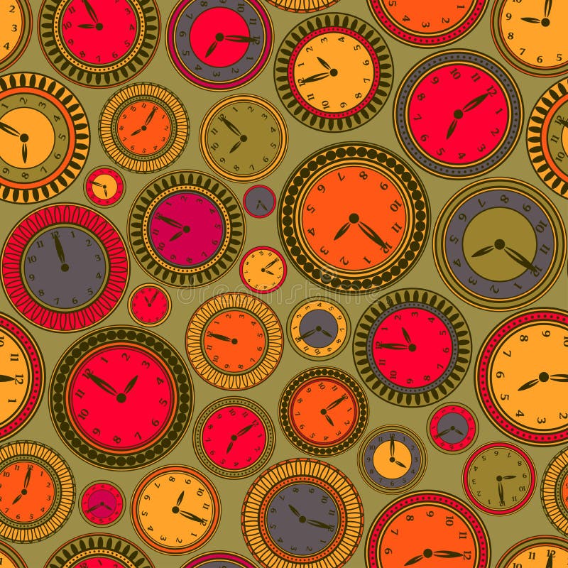 Seamless Pattern with Colourful Clocks on Green Background Stock Vector ...