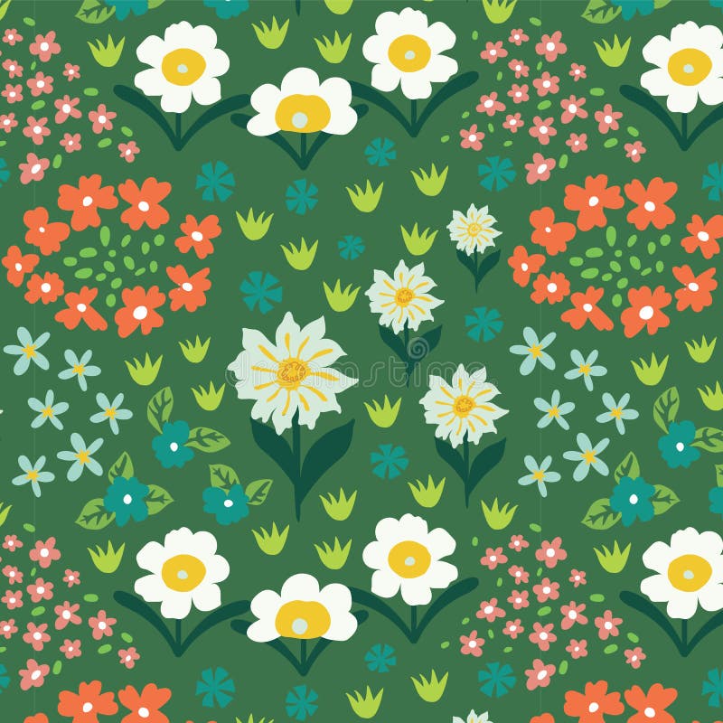 Seamless Pattern with Colourful Flowers on the Dark Green Background ...