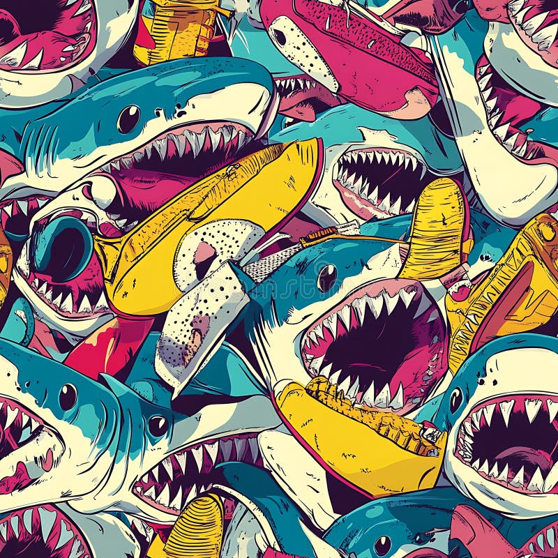 A Seamless Pattern of Colourful Sharks Stock Illustration ...