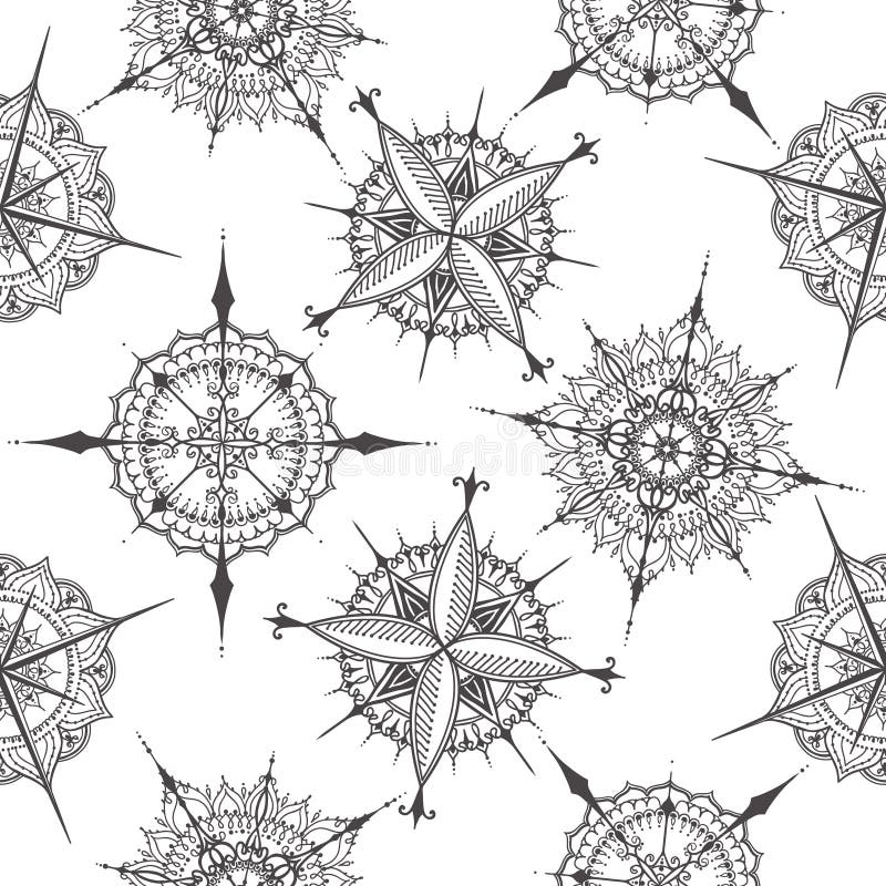 Seamless Pattern with Compasses Drawn with Floral Elements Stock Vector ...