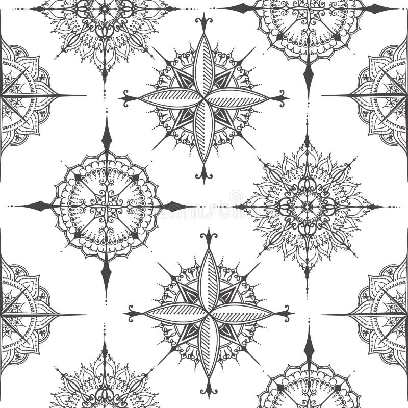 Seamless Pattern with Compasses Drawn with Floral Elements Stock Vector ...