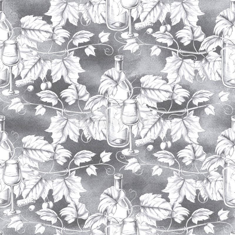 Seamless Pattern with a Composition of a Bottle and Grape Vine. Cool ...