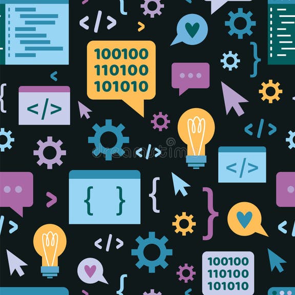Seamless Pattern with Concept of Computer Programming Languages or Developing Software, Cartoon ...