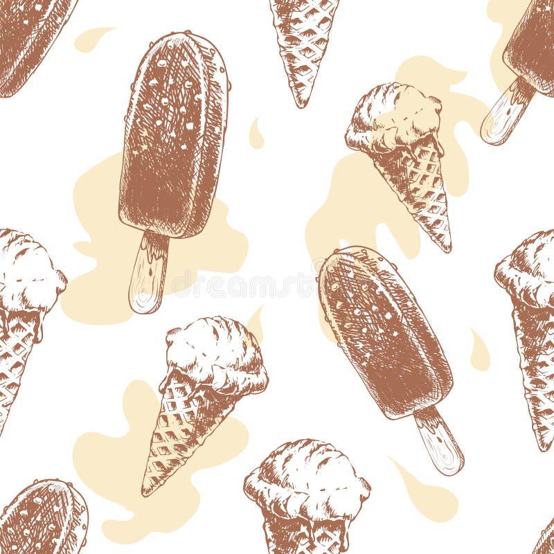 Seamless Pattern With Cone Waffle Ice Cream And Chocolate Ice Cream