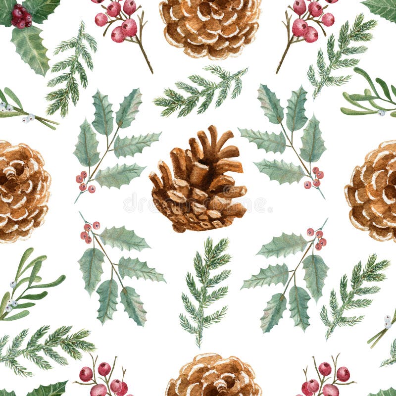 Seamless Pattern with Cones, Hollow, Berries. Watercolor Christmas ...