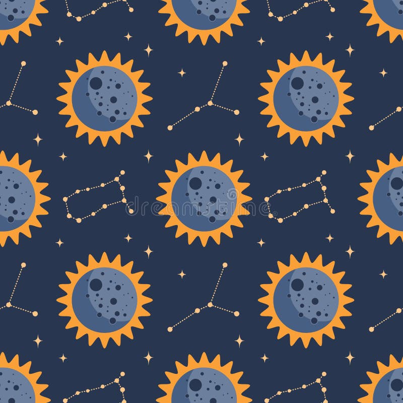 Seamless Pattern, Constellations, Planet and Solar Eclipse Moon. Background for Children ...