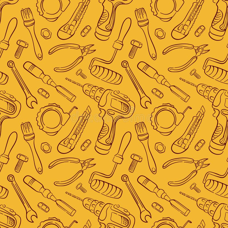 Seamless Pattern with Construction Tools in Line Art Style on Yellow Background. Design for ...