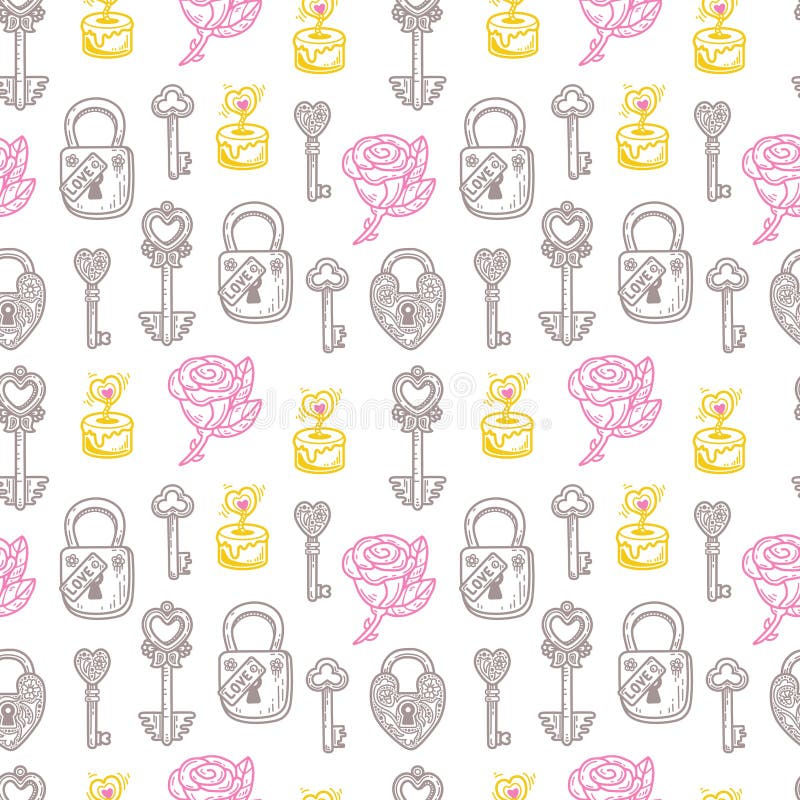 Seamless Pattern with Contour Drawings of Roses, Keys, Locks, Candles ...
