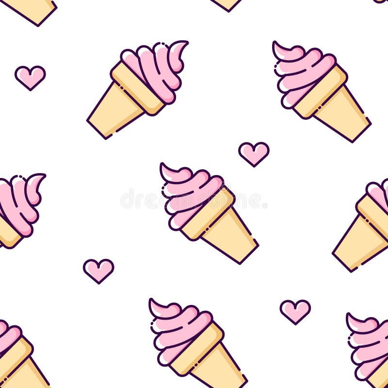 Seamless Pattern with Contour Ice Cream and Hearts. Thin Line Flat ...