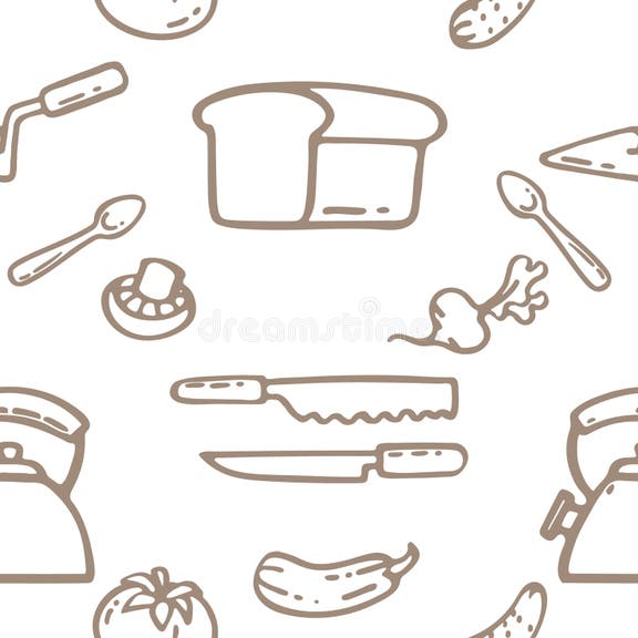 Seamless Pattern with Cooking Kitchen Symbols Doodle Style Vector ...