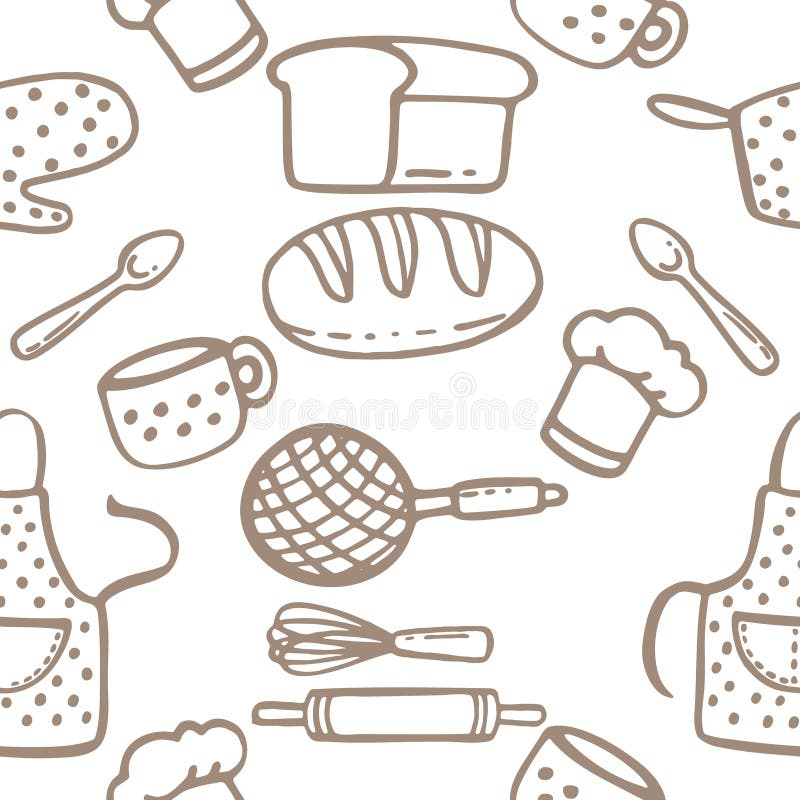 Seamless Pattern with Cooking Kitchen Symbols Doodle Style Vector ...