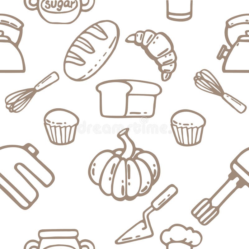Seamless Pattern with Cooking Kitchen Symbols Doodle Style Vector ...