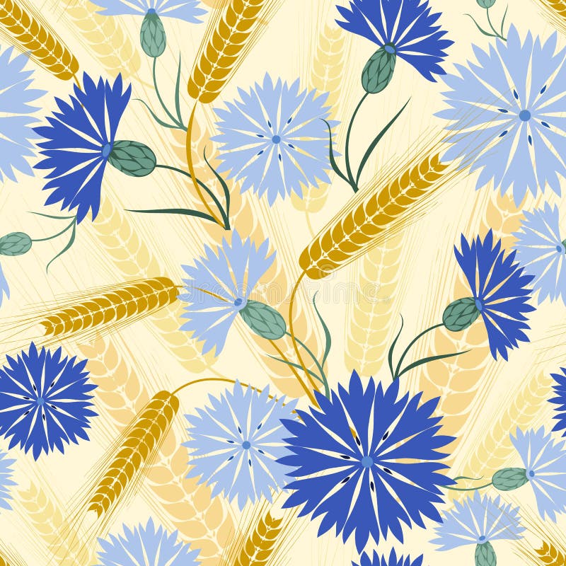 Seamless Pattern with Cornflower and Wheat Stock Vector - Illustration of cornflower, florists ...