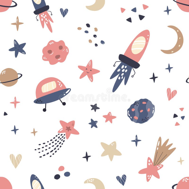 Seamless Pattern with Cosmic Objects Planets, Stars, Comets Stock ...