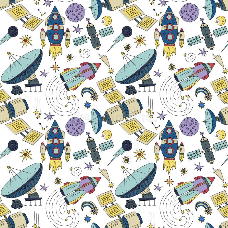 Seamless Pattern with Cosmos Doodle Illustrations. Stock Vector ...