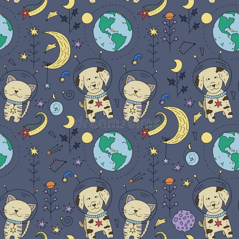 Seamless Pattern with Cosmos Doodle Illustrations. Stock Vector ...