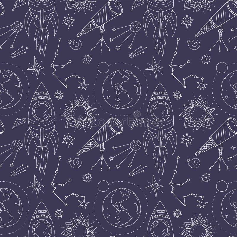 Seamless Pattern with Cosmos Doodle Illustrations. Stock Vector ...