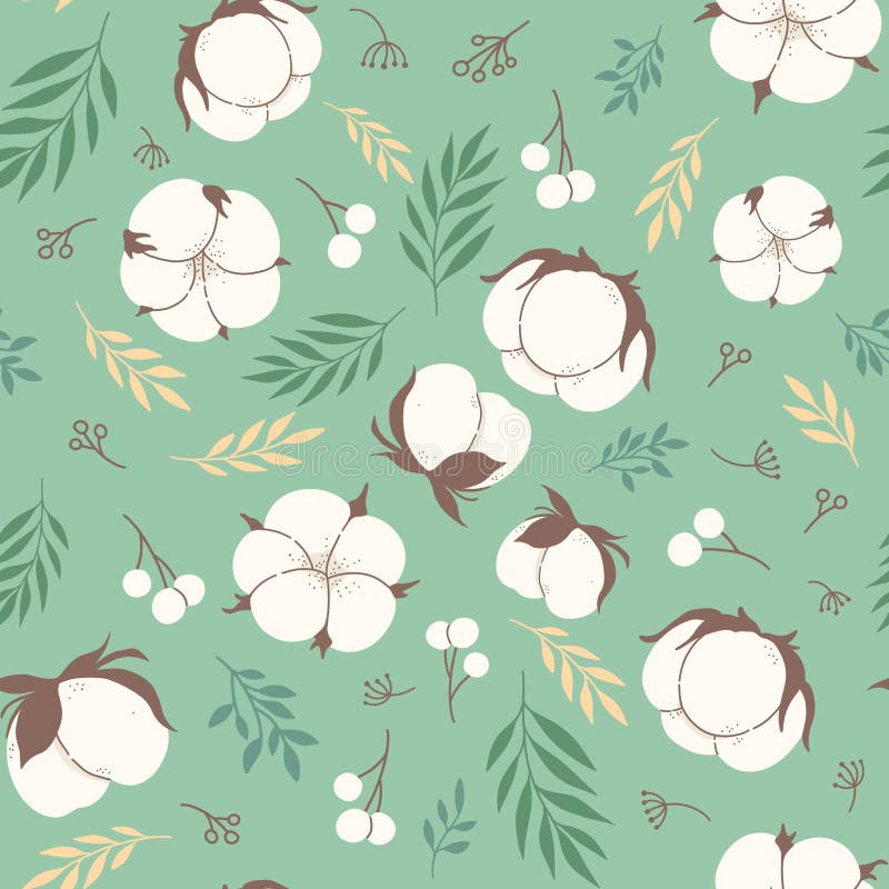 Seamless Pattern with Cotton, Plant, Leaves, Green Stock Illustration ...