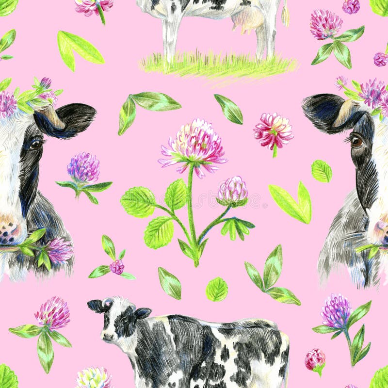 Cows and Clover Flowers Seamless Pattern Stock Vector - Illustration of ...