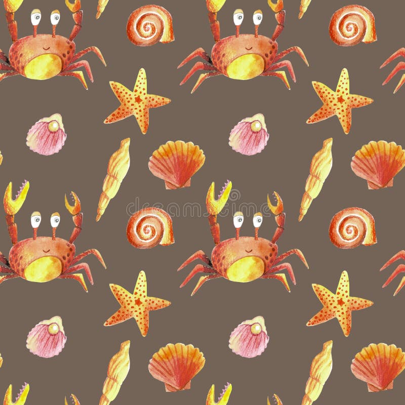 Seamless Pattern with Crabs and Shells, Watercolor Illustration. Stock ...