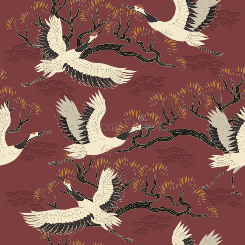 Cranes Birds Seamless Pattern Stock Vector - Illustration of japanese ...