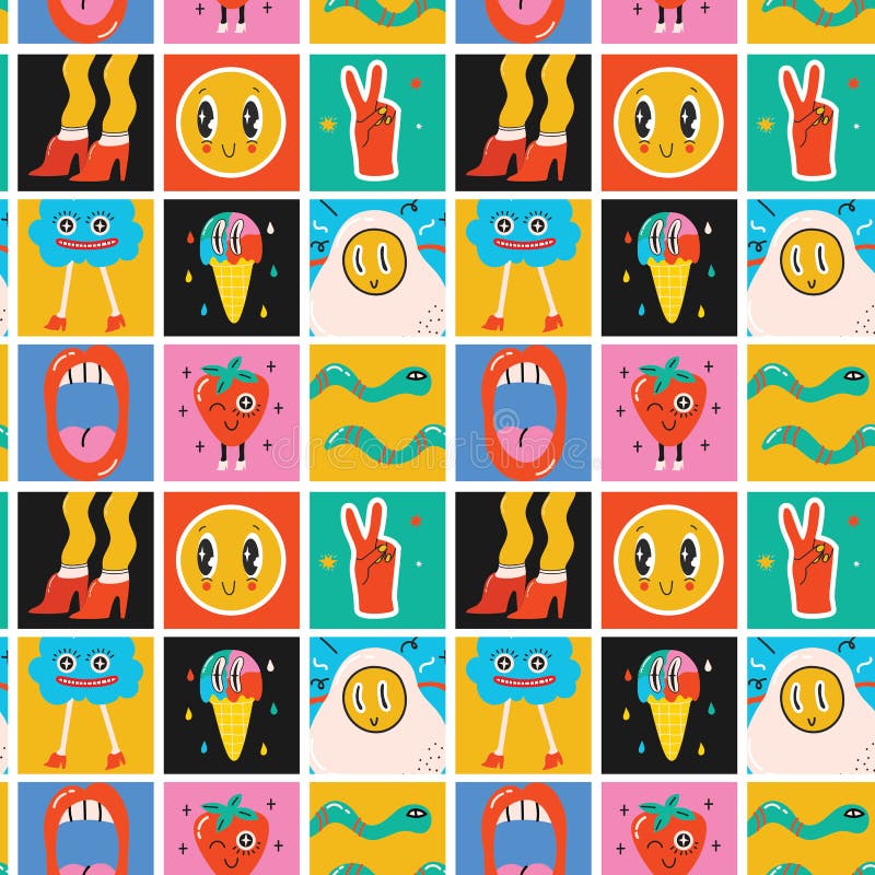 Seamless Pattern with Crazy Comic Faces and Colorful Geometric Shapes ...