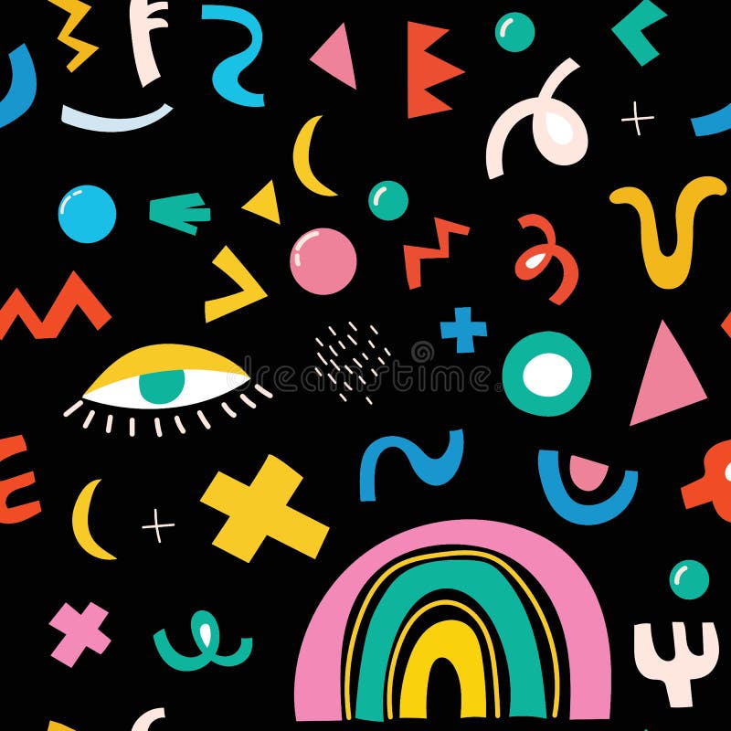 Seamless Pattern with Crazy Comic Faces and Colorful Geometric Shapes ...