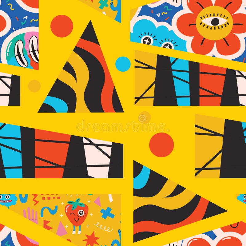 Seamless Pattern with Crazy Comic Faces and Colorful Geometric Shapes ...